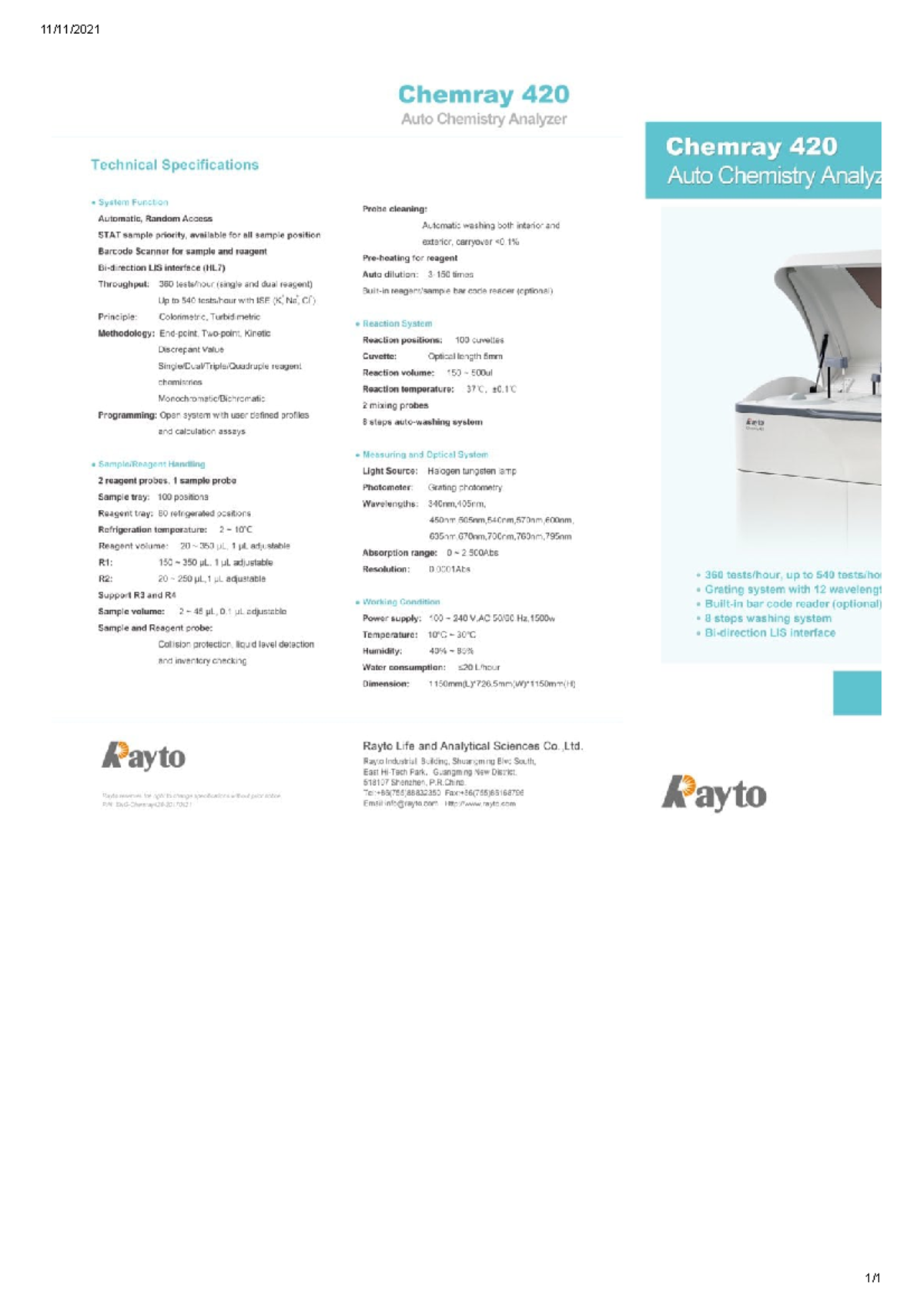 Especificaciones Auto Analizador Bioquimica Chemray 420 - Chemray 420 ...