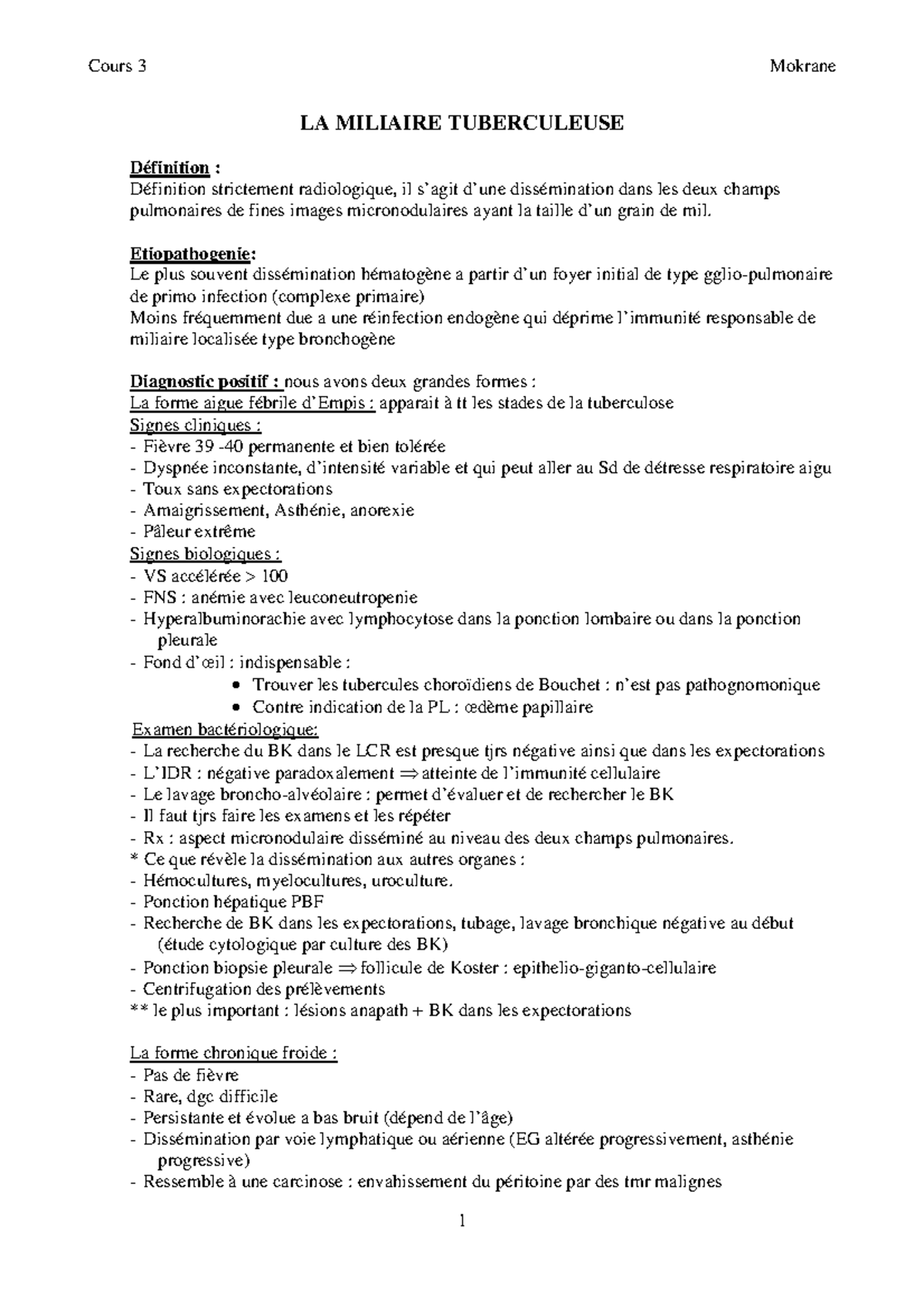 Pneumo 4an miliaire tuberculeuse-mokrane - Cours 3 Mokrane 1 LA ...