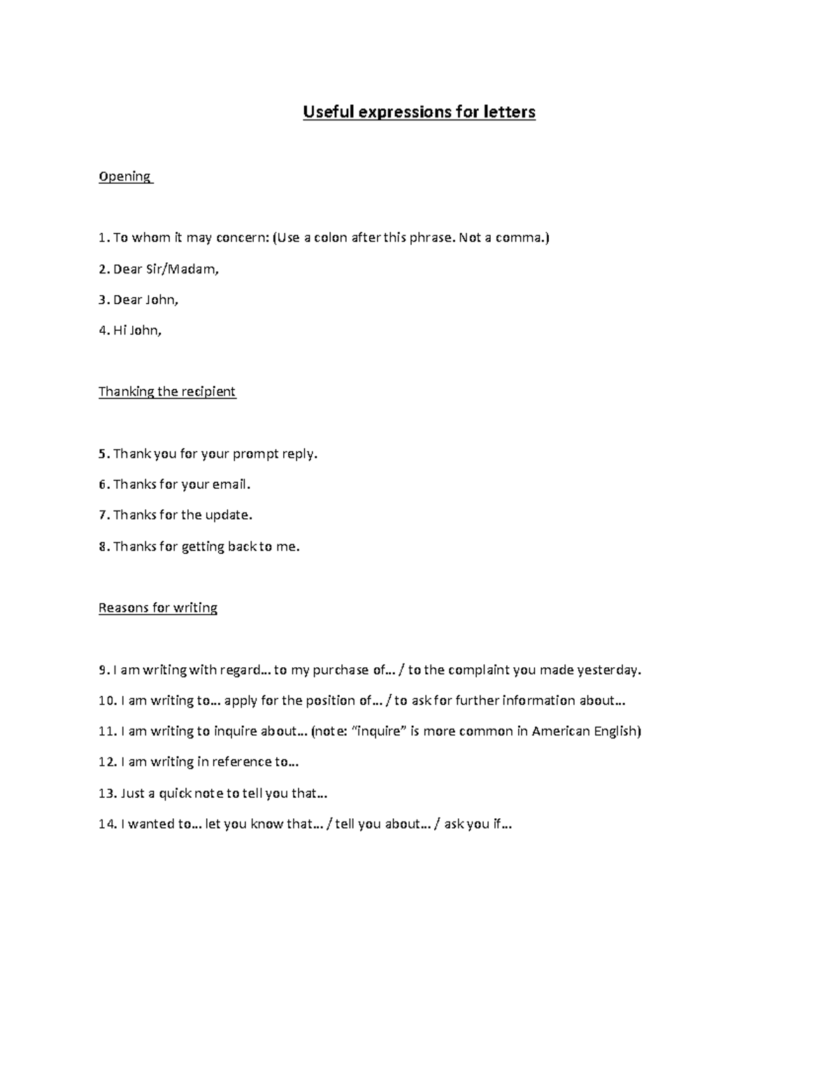 Useful expression for letter - Useful expressions for letters Opening ...