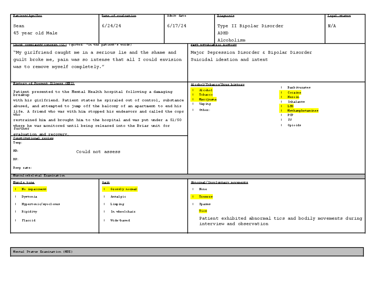 Nursing Process Worksheet 1 - Patient/Age/Sex Sean 45 year old Male Date of evaluation 6/24 ...