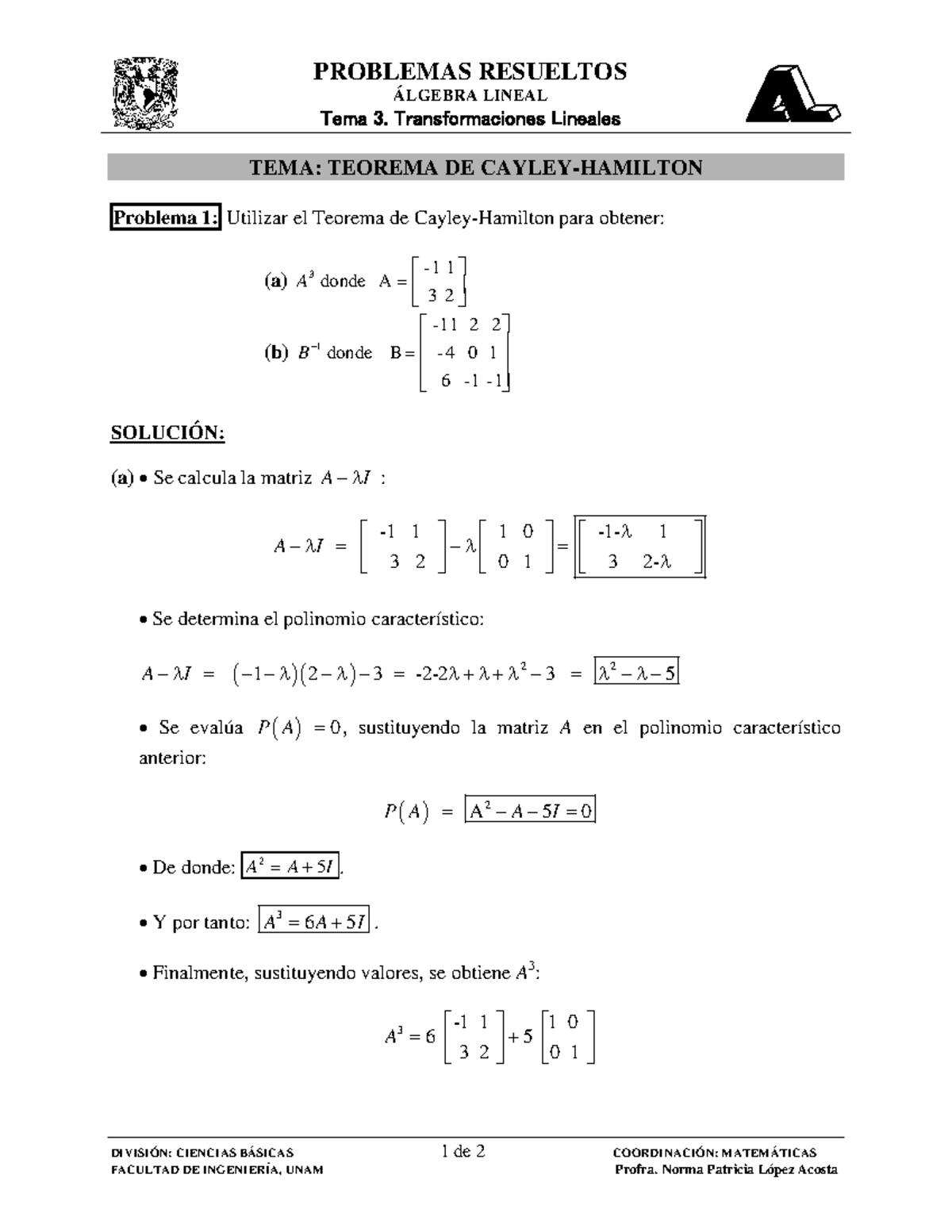 Teorema Cayley Hamilton - PROBLEMAS RESUELTOS ÁLGEBRA LINEAL Tema 3. Transformaciones Lineales ...