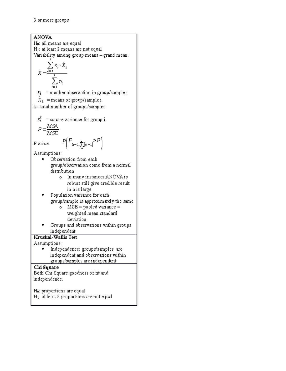 Summary - lecture anova - 3 or more groups ANOVA H0: all means are ...