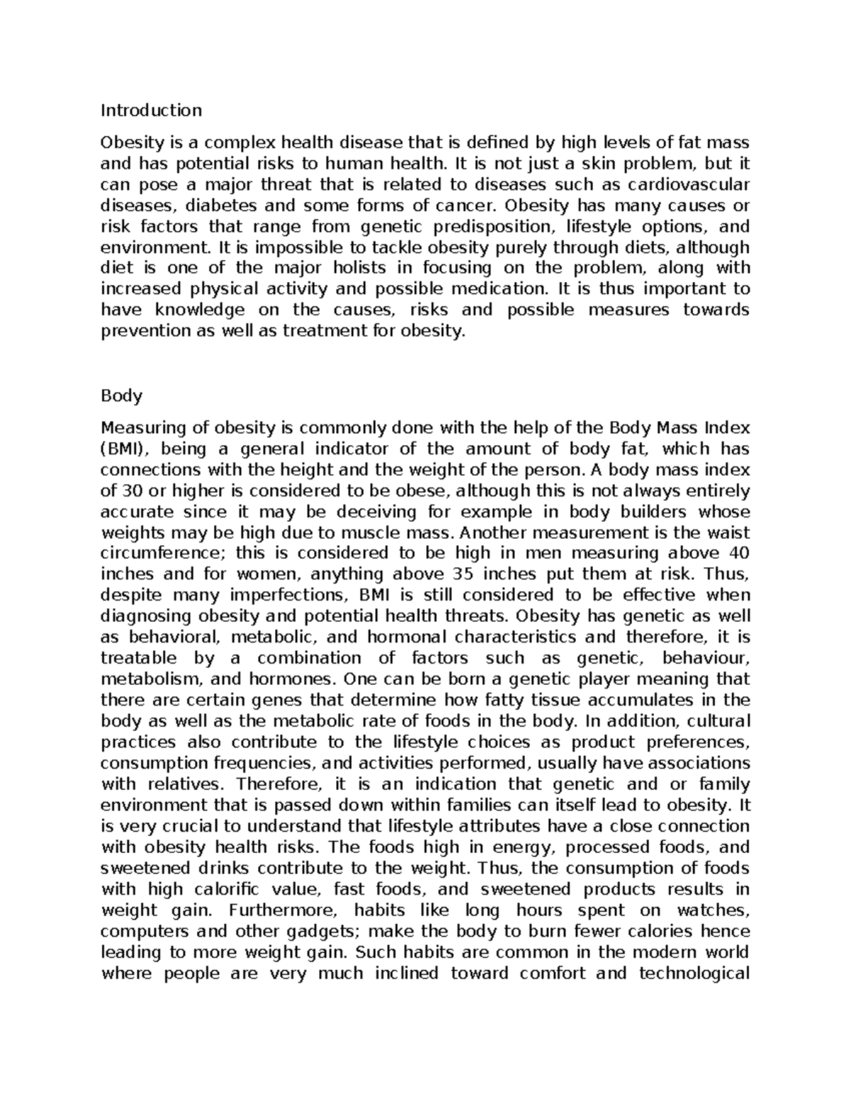 Obesity Essay - Introduction Obesity is a complex health disease that ...