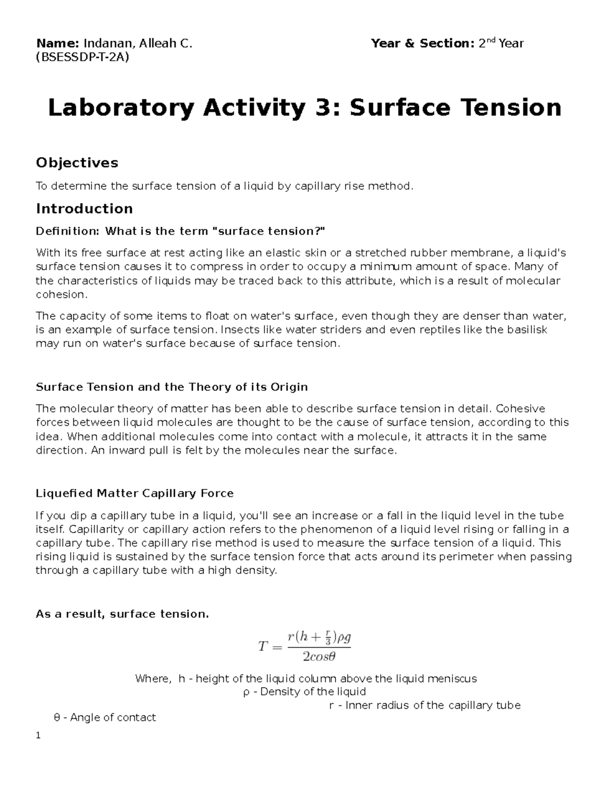 Activity 3 - Surface Tension - Indanan - Name: Indanan, Alleah C. Year ...
