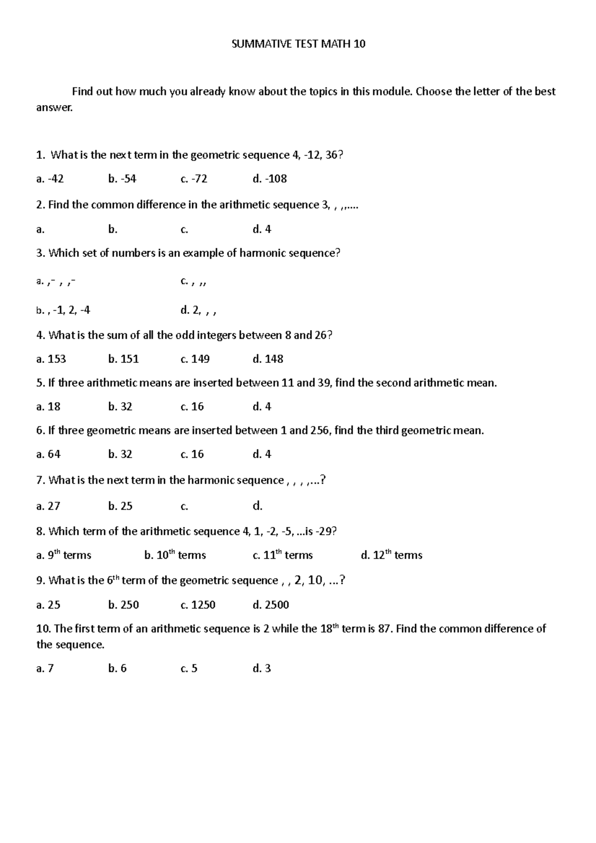 Summative TEST MATH 10 - no comment - SUMMATIVE TEST MATH 10 Find out ...