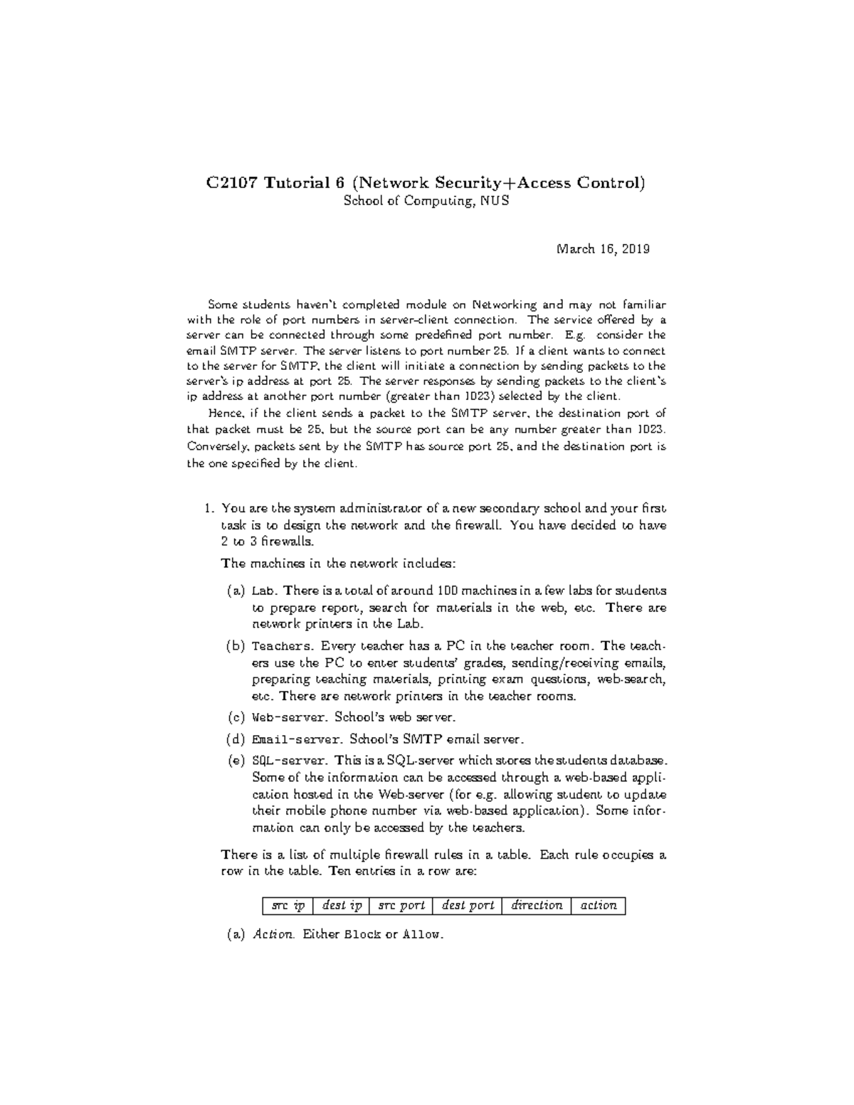 2019 tutorial 6 - C2107 Tutorial 6 (Network Security+Access Control) School of Computing, NUS ...