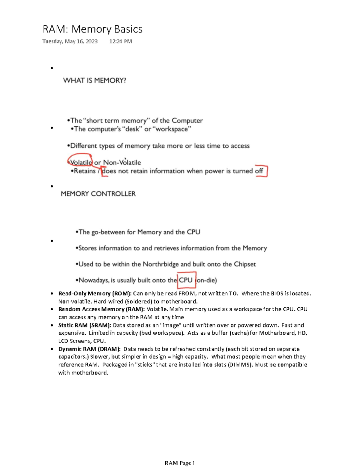 RAM - Notes I created from a youtube video I watched. - • • • • Read ...