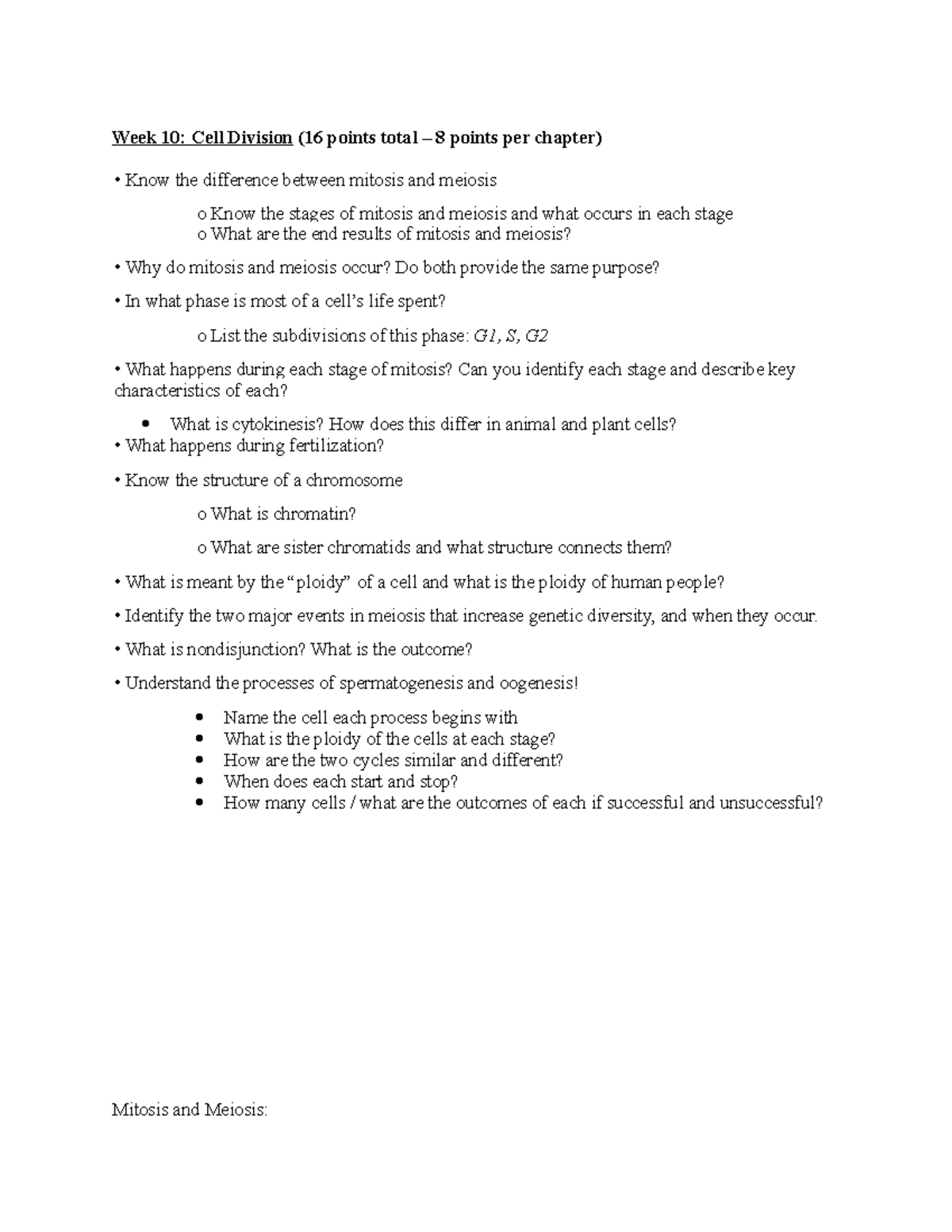 Bio lab exam - Final notes - Week 10: Cell Division (16 points total ...