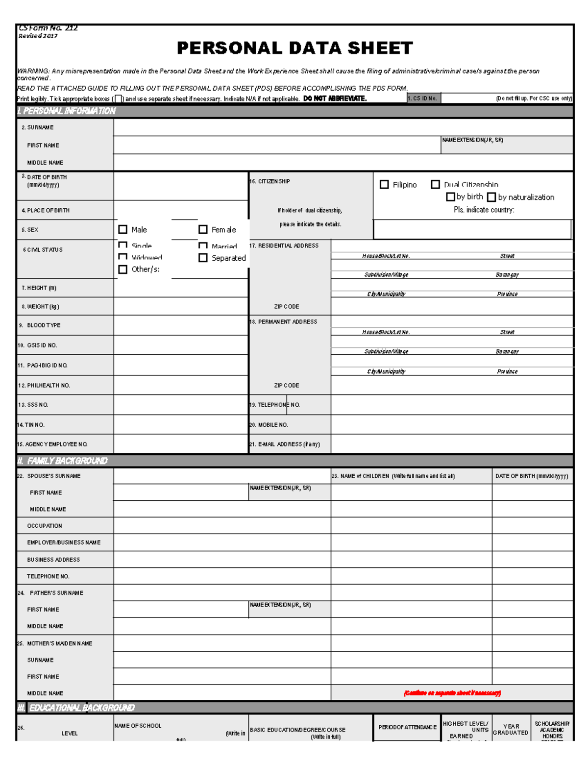 492520374 032117 Cs Form No 212 Revised Personal Data Sheet New 