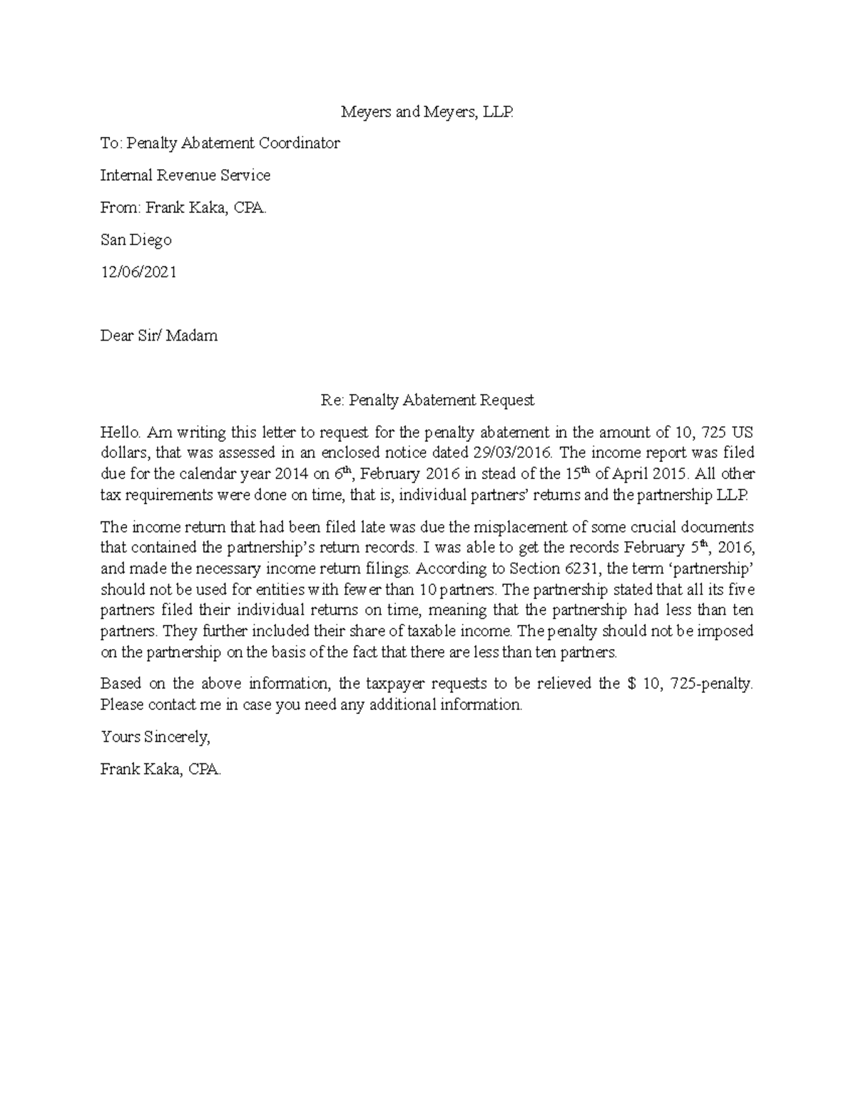 IRS Tax Notice Response Letter - Meyers and Meyers, LLP. To: Penalty ...