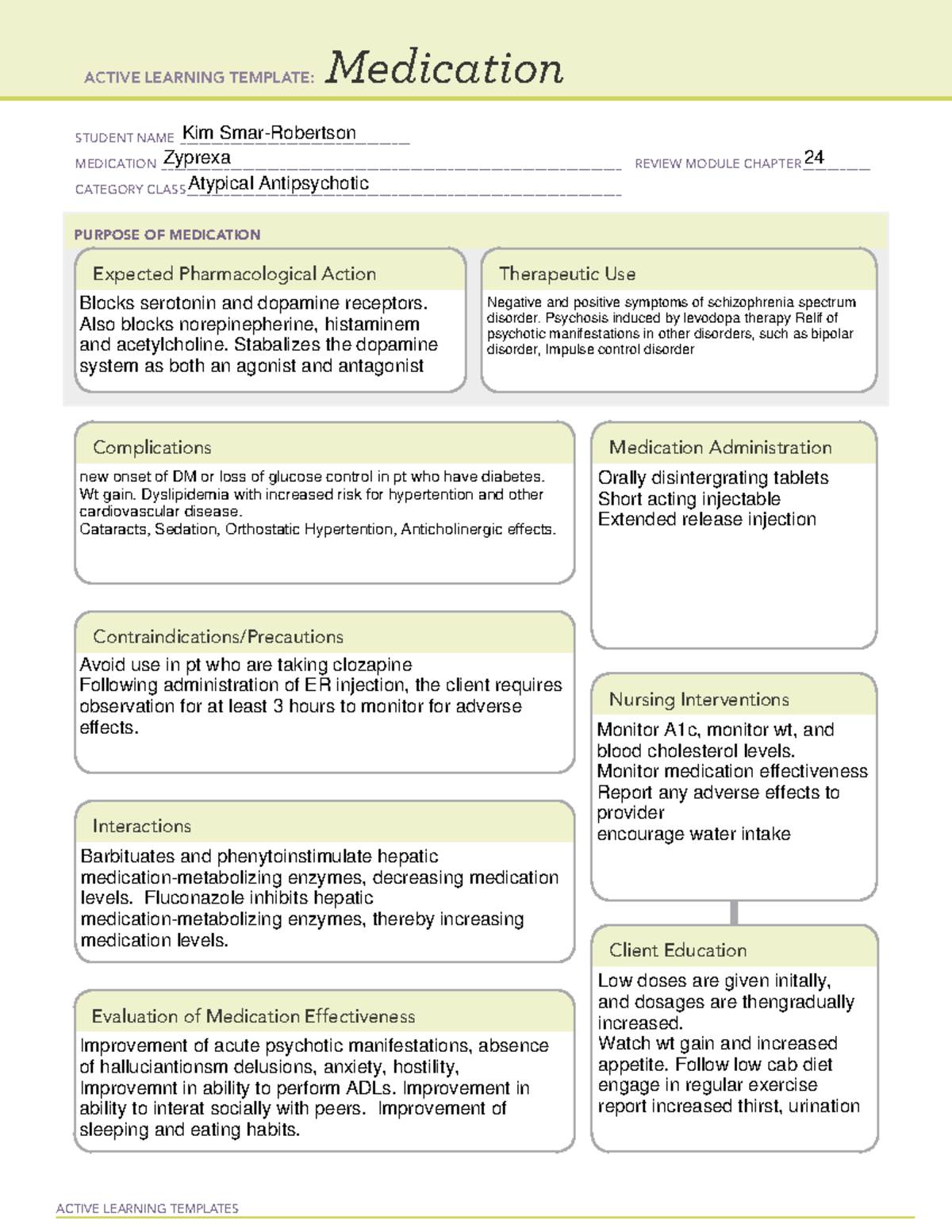 Zyprexa medsheet - example worksheet on medications - ACTIVE LEARNING ...