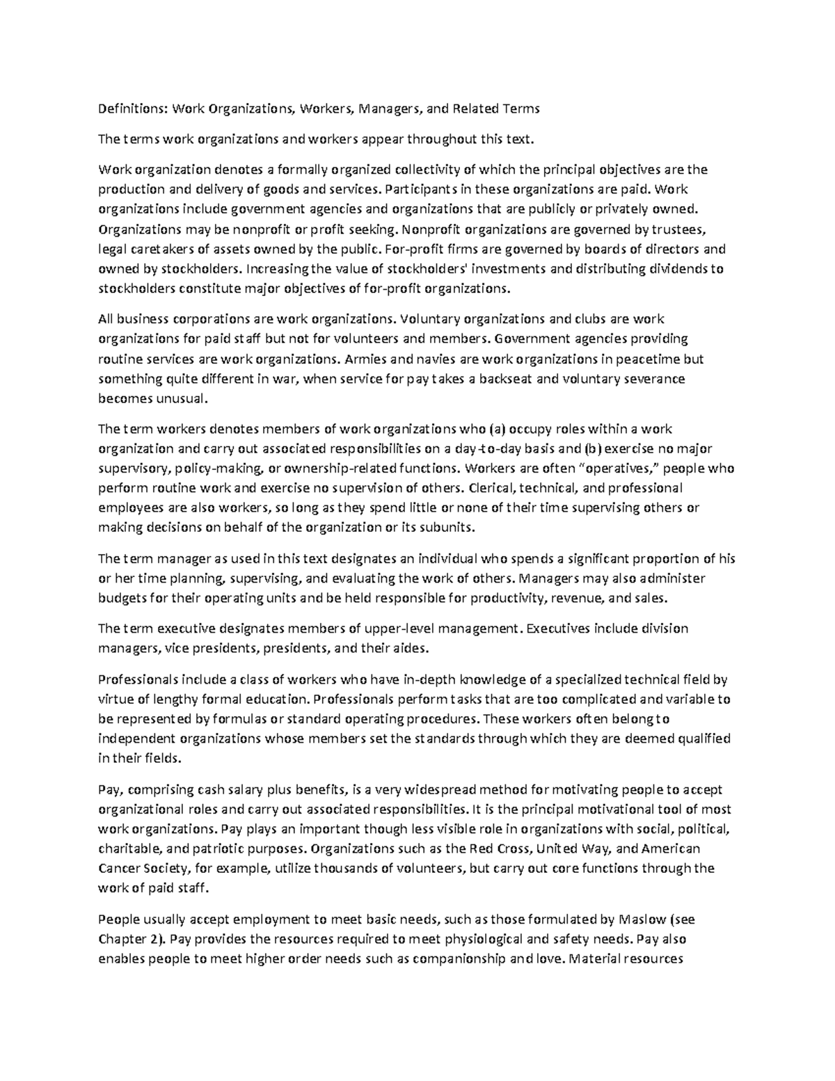 Tb notes SOC 4101 - Definitions: Work Organizations, Workers, Managers ...