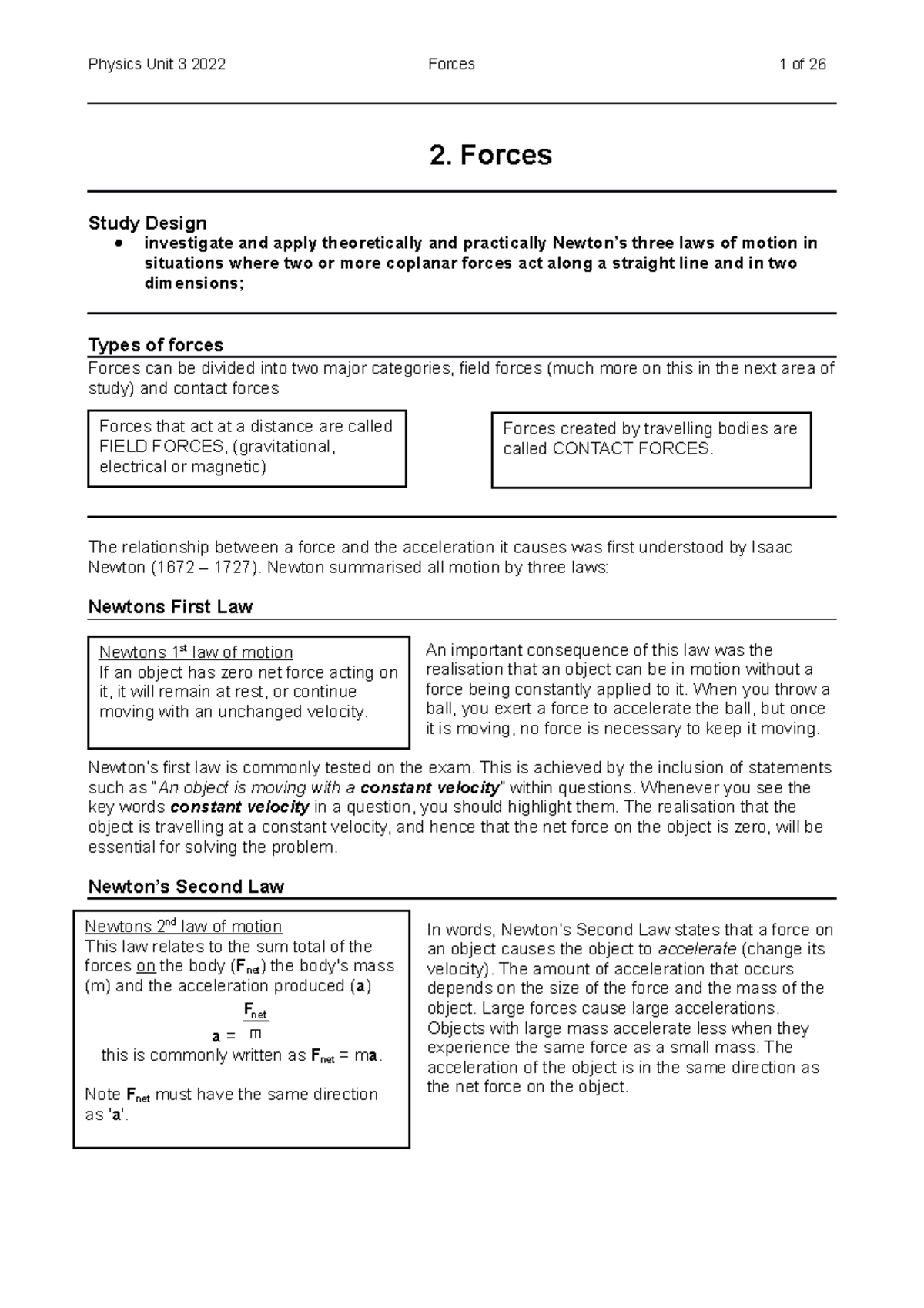 02 Forces notes 2022 - physics - 2. Forces Study Design investigate and ...