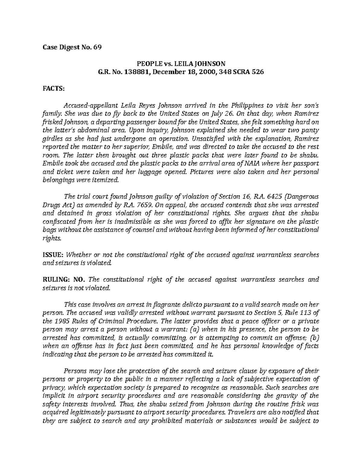 Case-Digest-Nos - Consti - Case Digest No. 69 PEOPLE vs. LEILA JOHNSON G. No. 138881, December ...