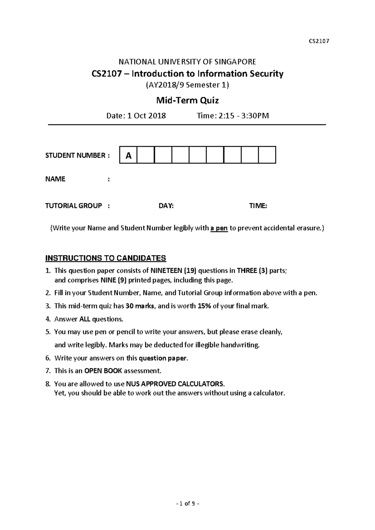 CS2107 Mid Term Quiz 2018 - NATIONAL UNIVERSITY OF SINGAPORE CS2107 – Introduction to ...