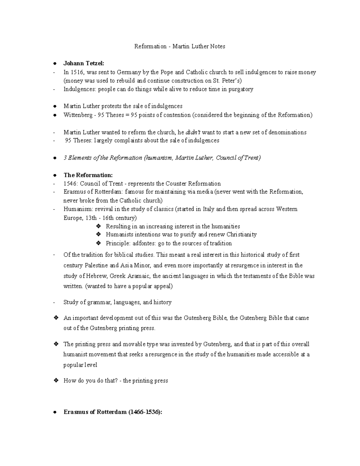 Reformation - Martin Luther Notes - Peter’s) Indulgences: people can do ...