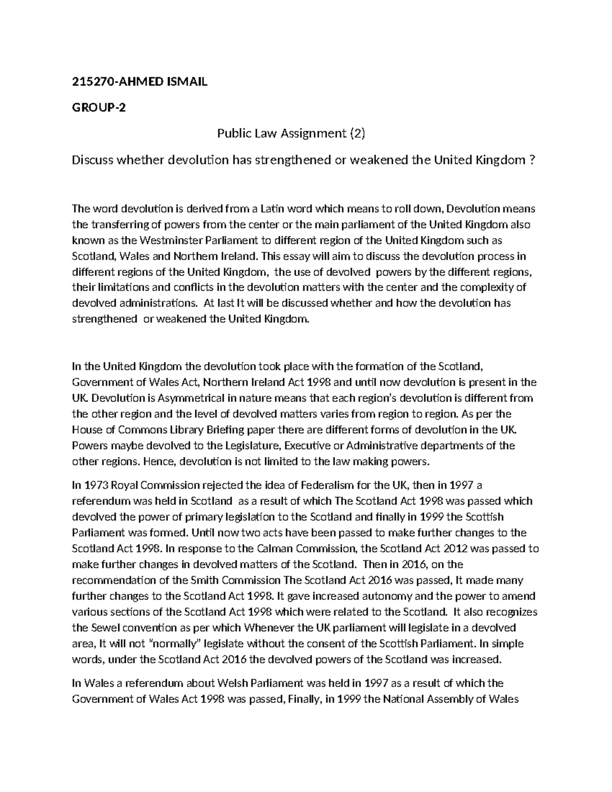 Devolution in the UK - 215270-AHMED ISMAIL GROUP- Public Law Assignment (2) Discuss whether ...