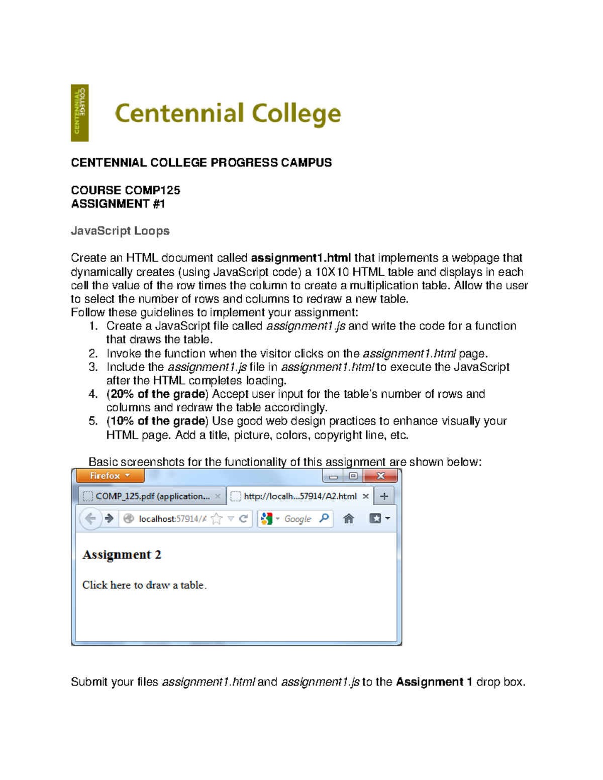 Comp125assignment 1 Comp125 Assignment 1 Centennial College