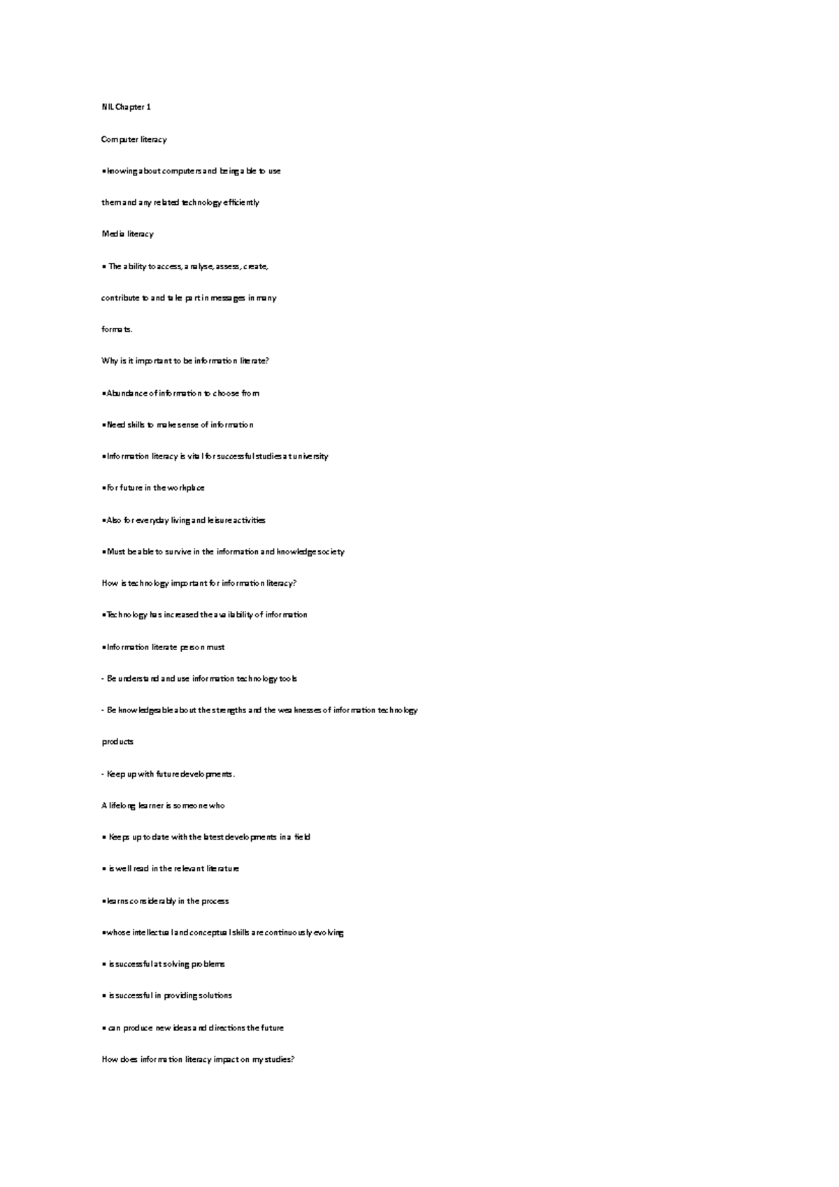 NIL Chapter 1 - AIM111 NOTES - NIL Chapter 1 Computer literacy •knowing ...