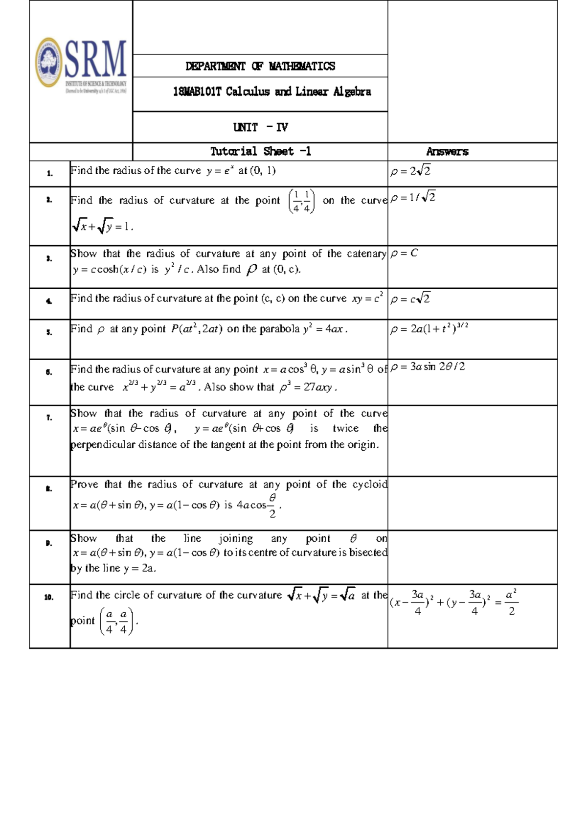 UNIT 4 Questions - DEPARTMENT OF MATHEMATICS 18MAB101T Calculus and ...