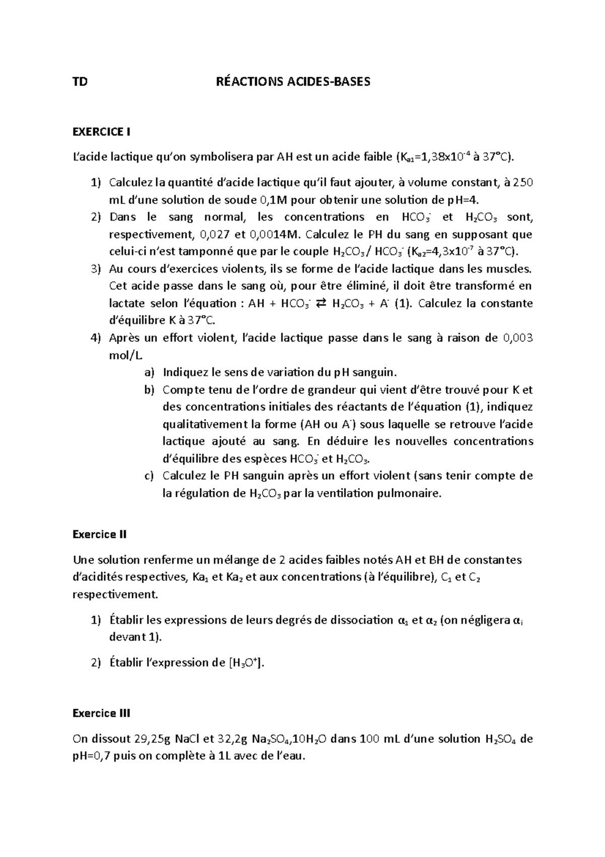 Exos Réactions Acides-Bases - TD RÉACTIONS ACIDES-BASES EXERCICE I L ...