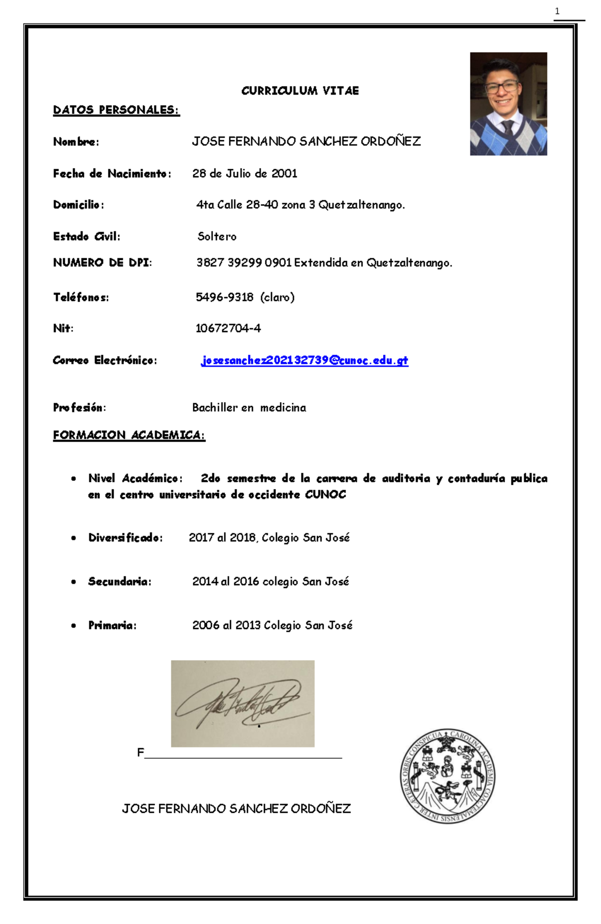 Curriculum Fernando Ordoñez - 1 CURRICULUM VITAE DATOS PERSONALES: Nombre: JOSE FERNANDO SANCHEZ ...