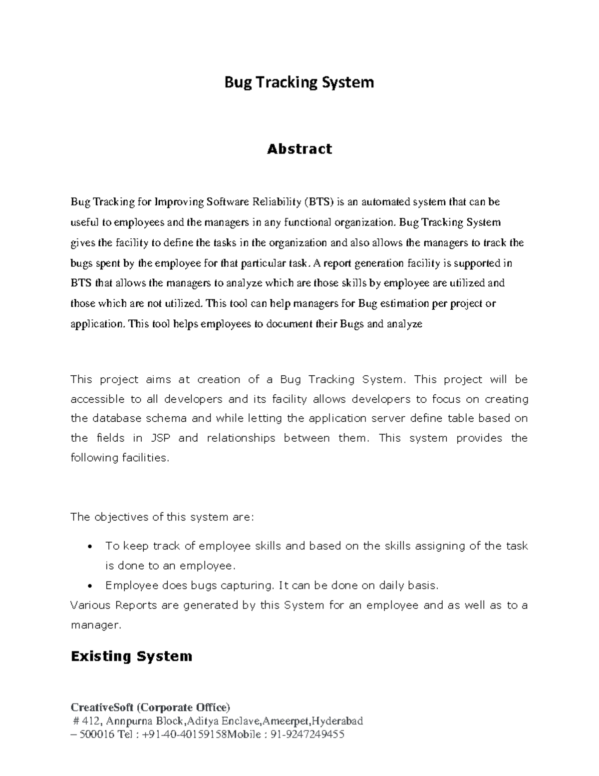 359925769 Bug Tracking System Abstract Creativesoft Corporate Office