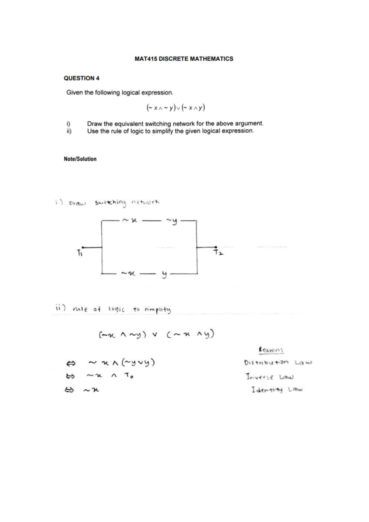 Q4 Tutorial Question Mat415 Discrete Mathematics Question 4 Given The Following Logical