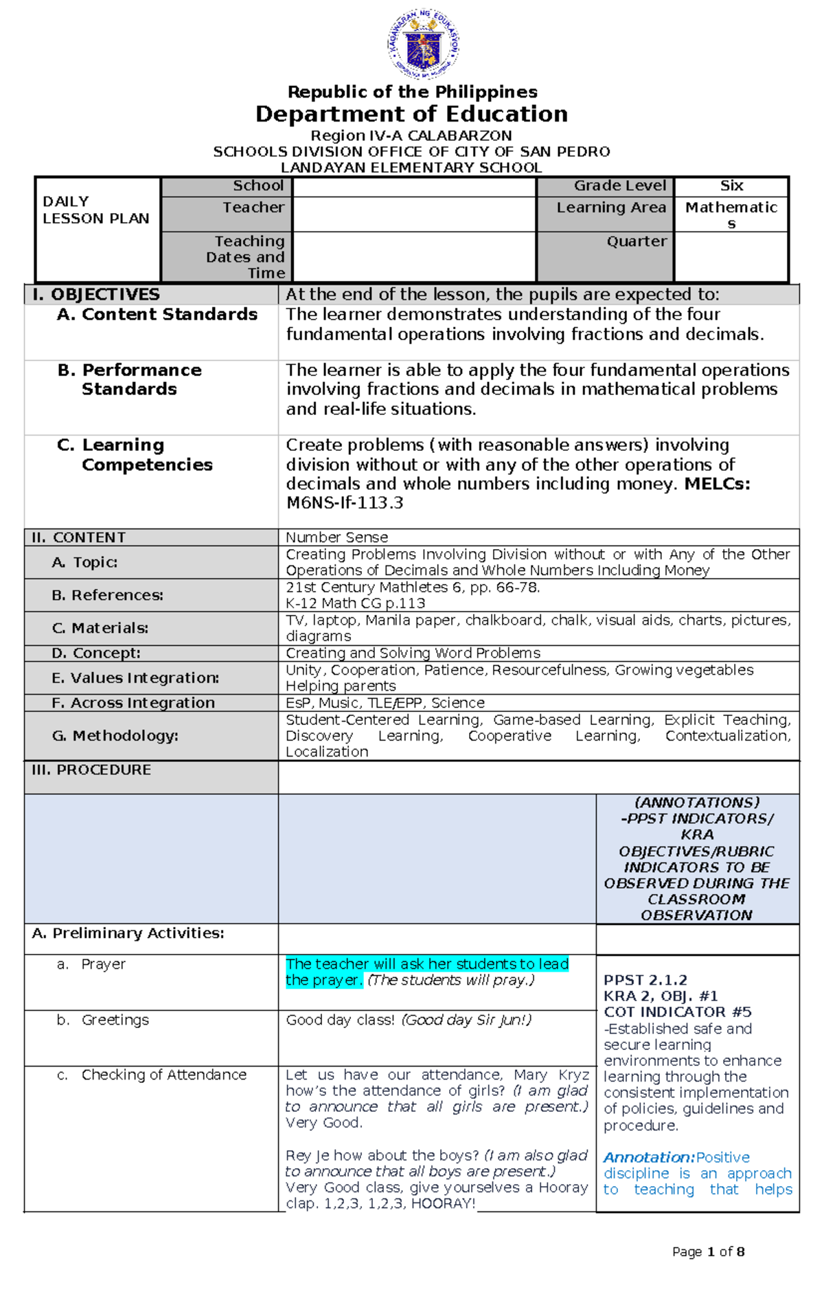 DLP Sample - FOR DEMO Teaching (COT) - Department of Education Region IV-A CALABARZON SCHOOLS ...
