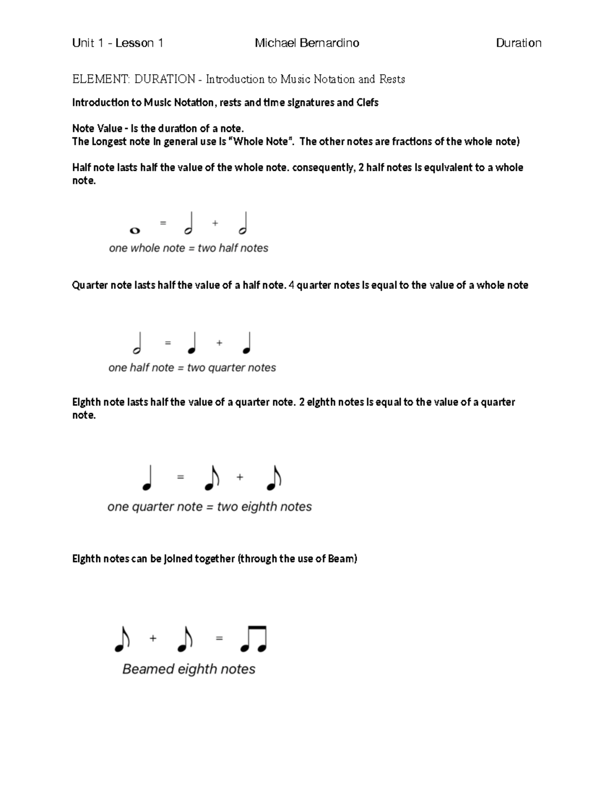 UNIT 1 Lesson 1 - unit 1 of music course - ELEMENT: DURATION ...