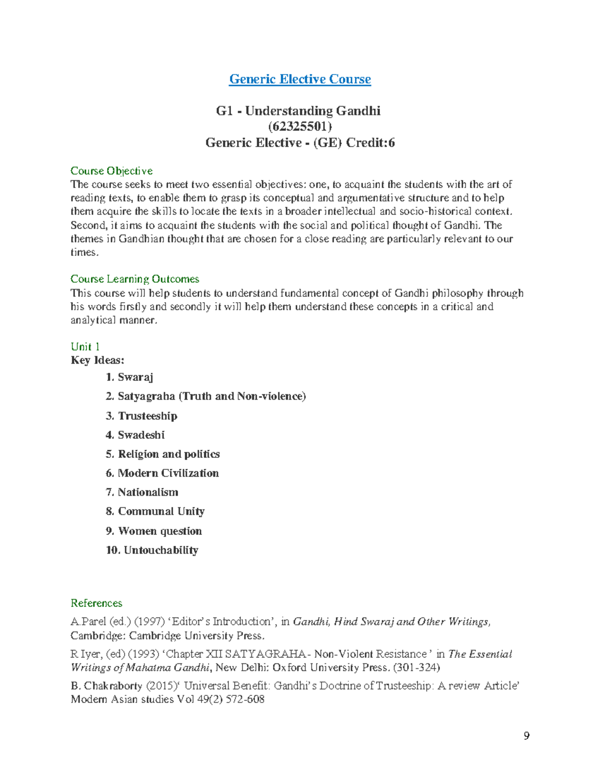 Pol science - Go through them - Generic Elective Course G1 - Understanding Gandhi (62325501 ...