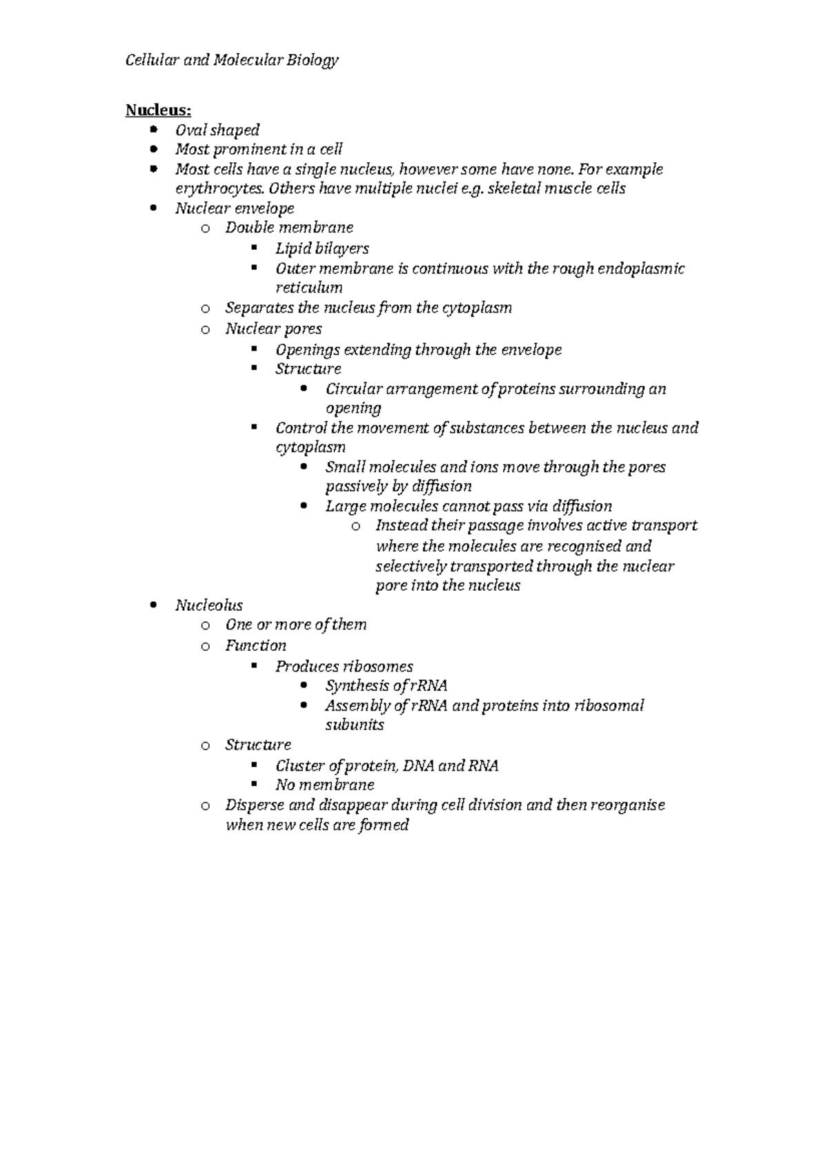 Nucleus Of Cell Lecture Notes - Cellular and Molecular Biology Nucleus ...