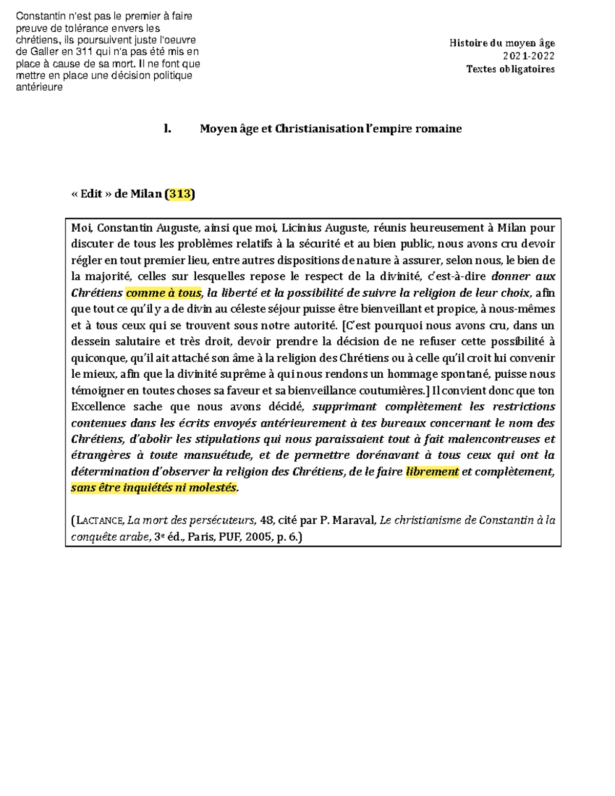 313 - Edit de Milan - Histoire du moyen âge 2021- Textes obligatoires I ...