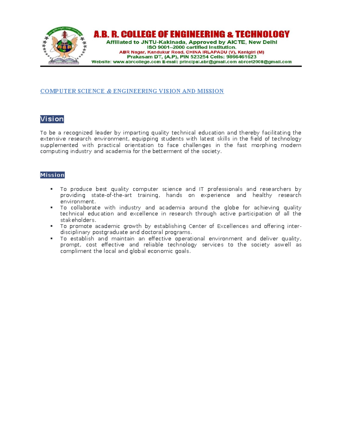 Vision and mission(cse) - COMPUTER SCIENCE & ENGINEERING VISION AND ...