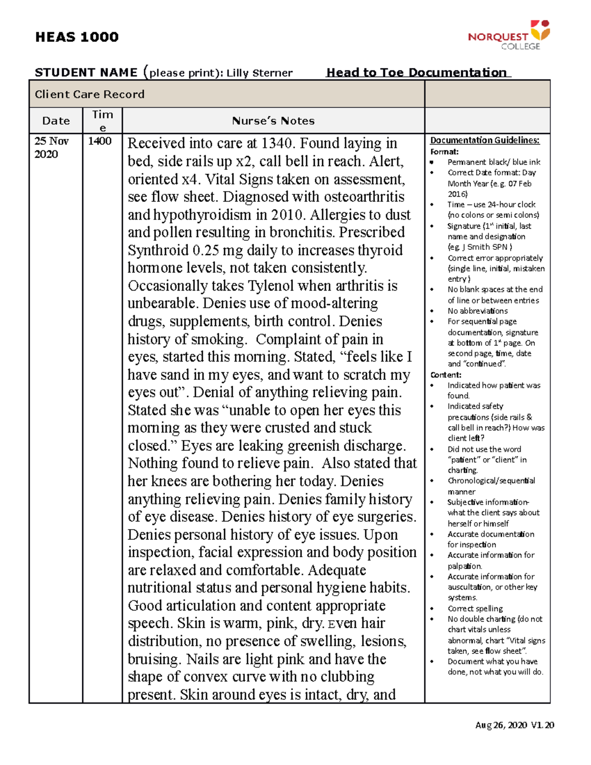 HEAS Documentation Head to Toe - STUDENT NAME ( please print): Lilly ...