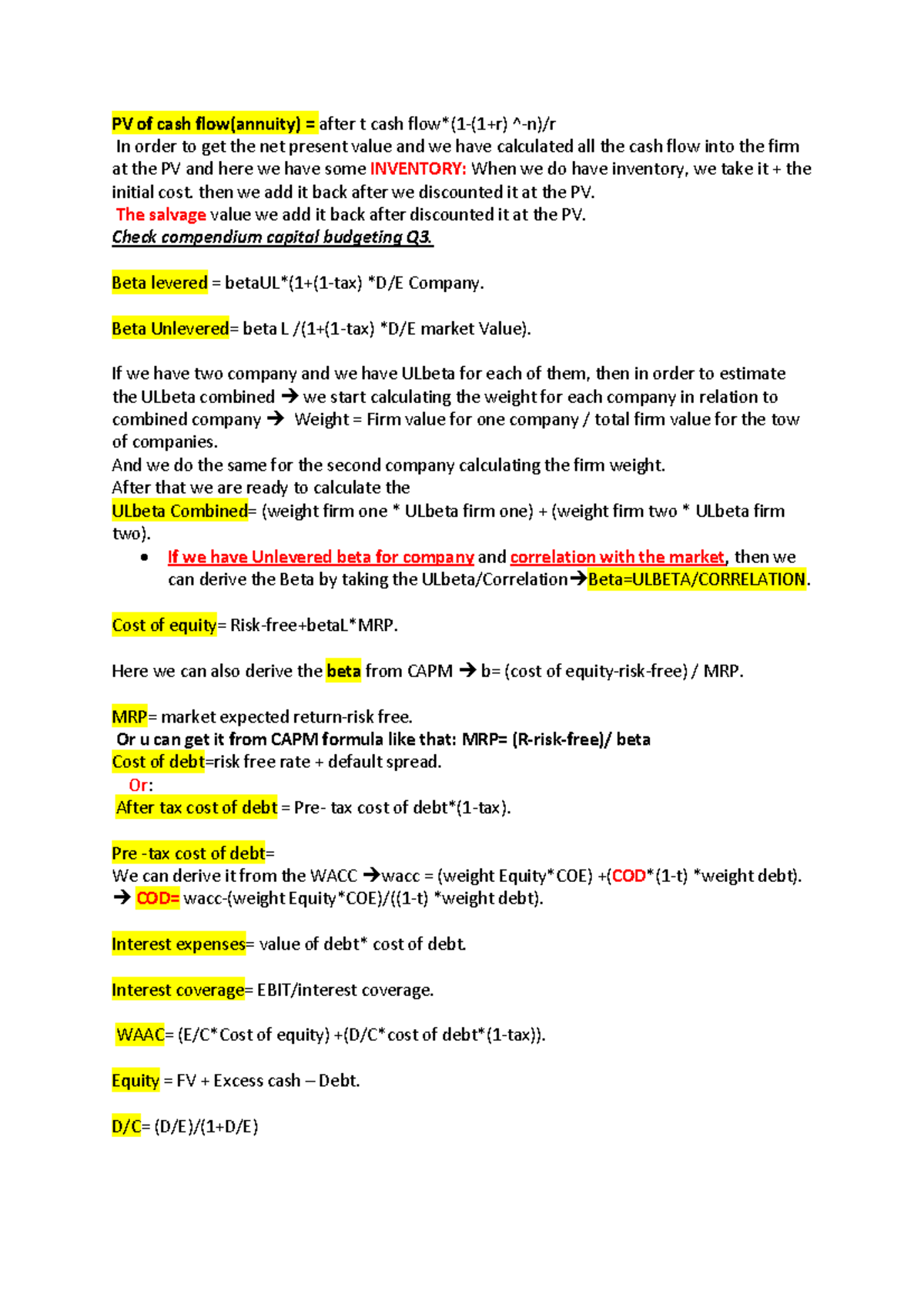 COF Formula sheet summaries for the whole course formulas - PV of cash ...