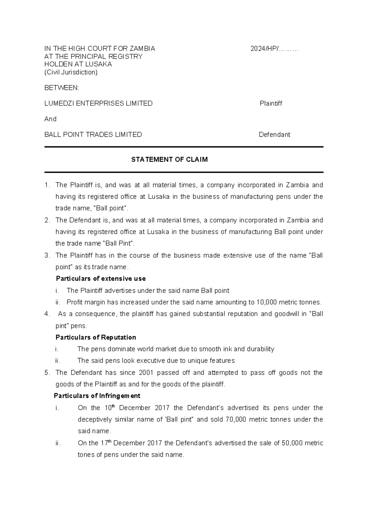 Passing Off Statement of Claim - IN THE HIGH COURT FOR ZAMBIA 2024/HP ...