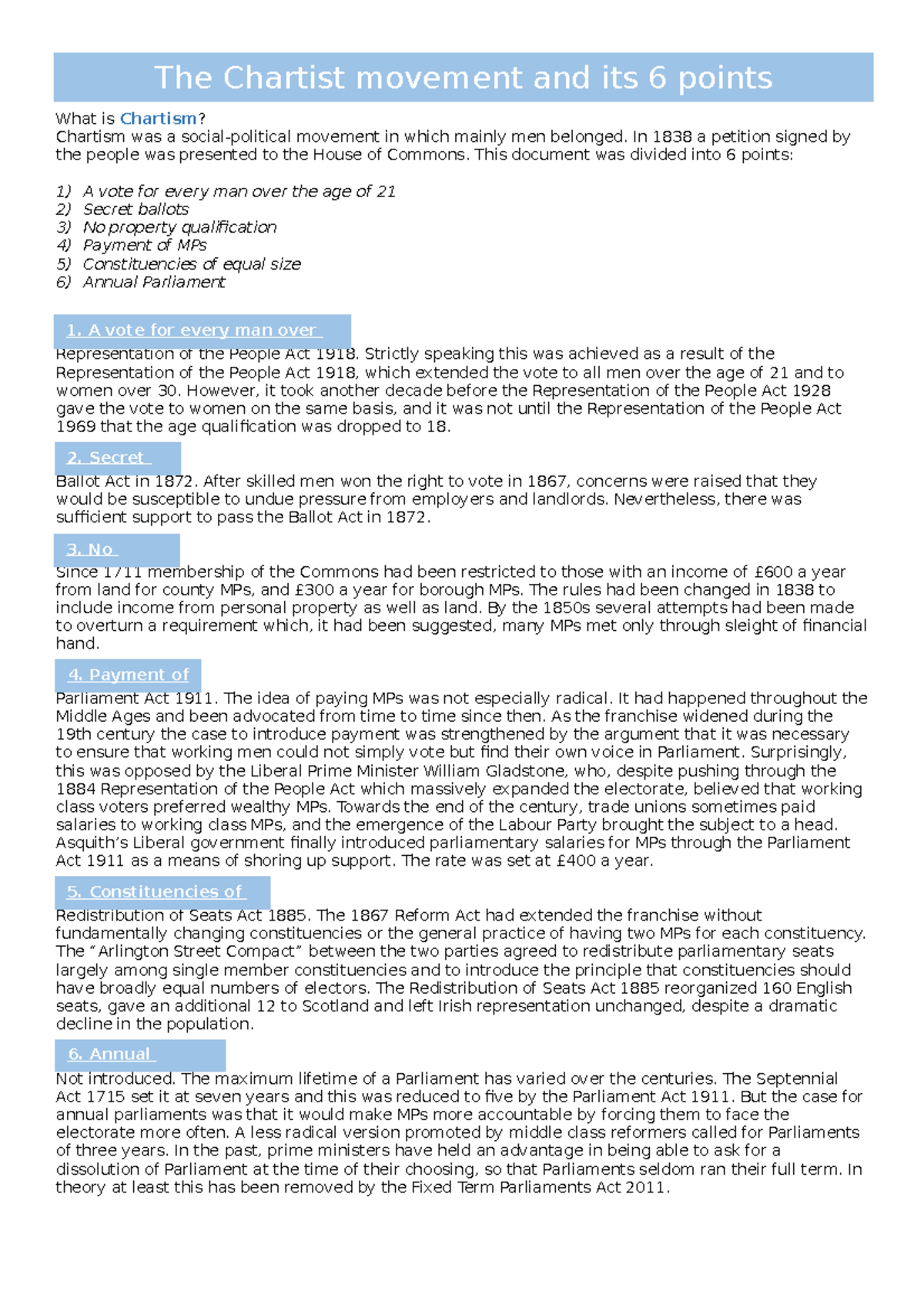 The Chartist movement and its 6 points - Studocu