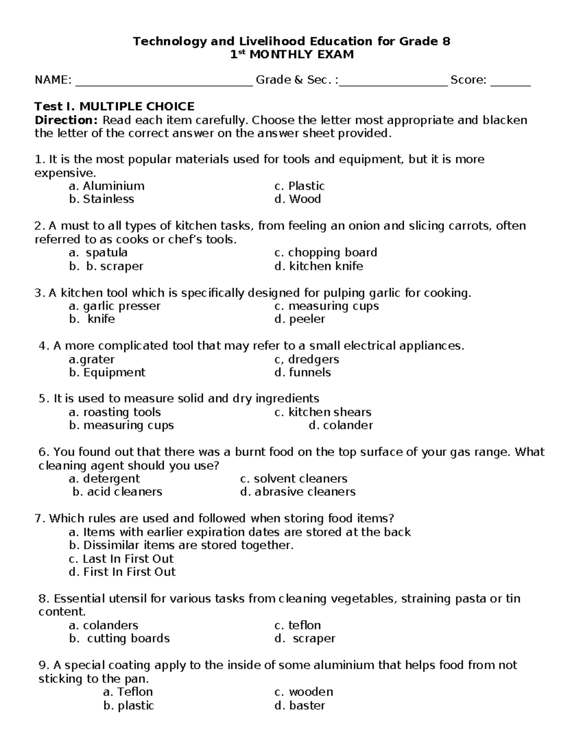 TLE-1st monthly exam cooking - Technology and Livelihood Education for ...
