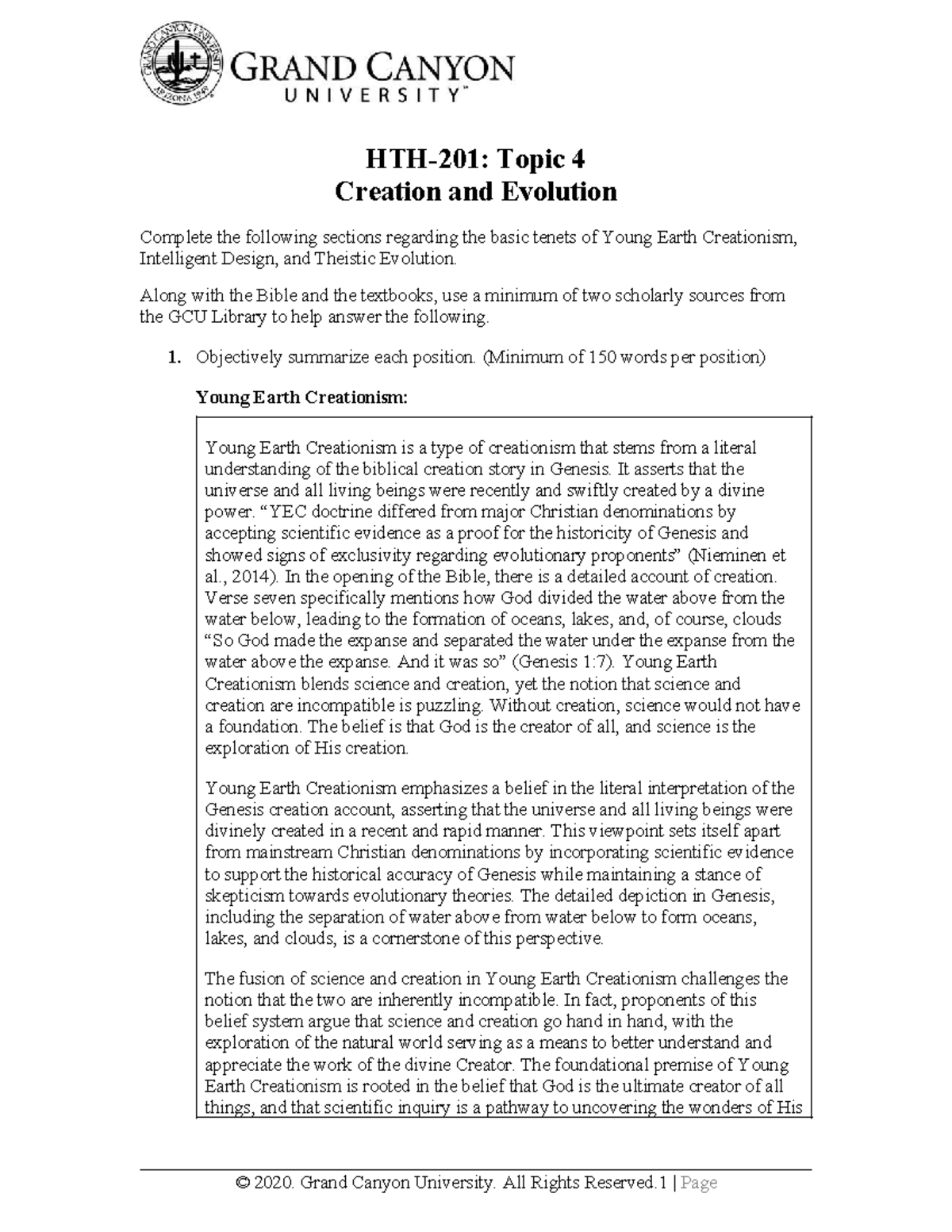 HTH 201 RS T4Creation Evolution Online - HTH-201: Topic 4 Creation and Evolution Complete the ...