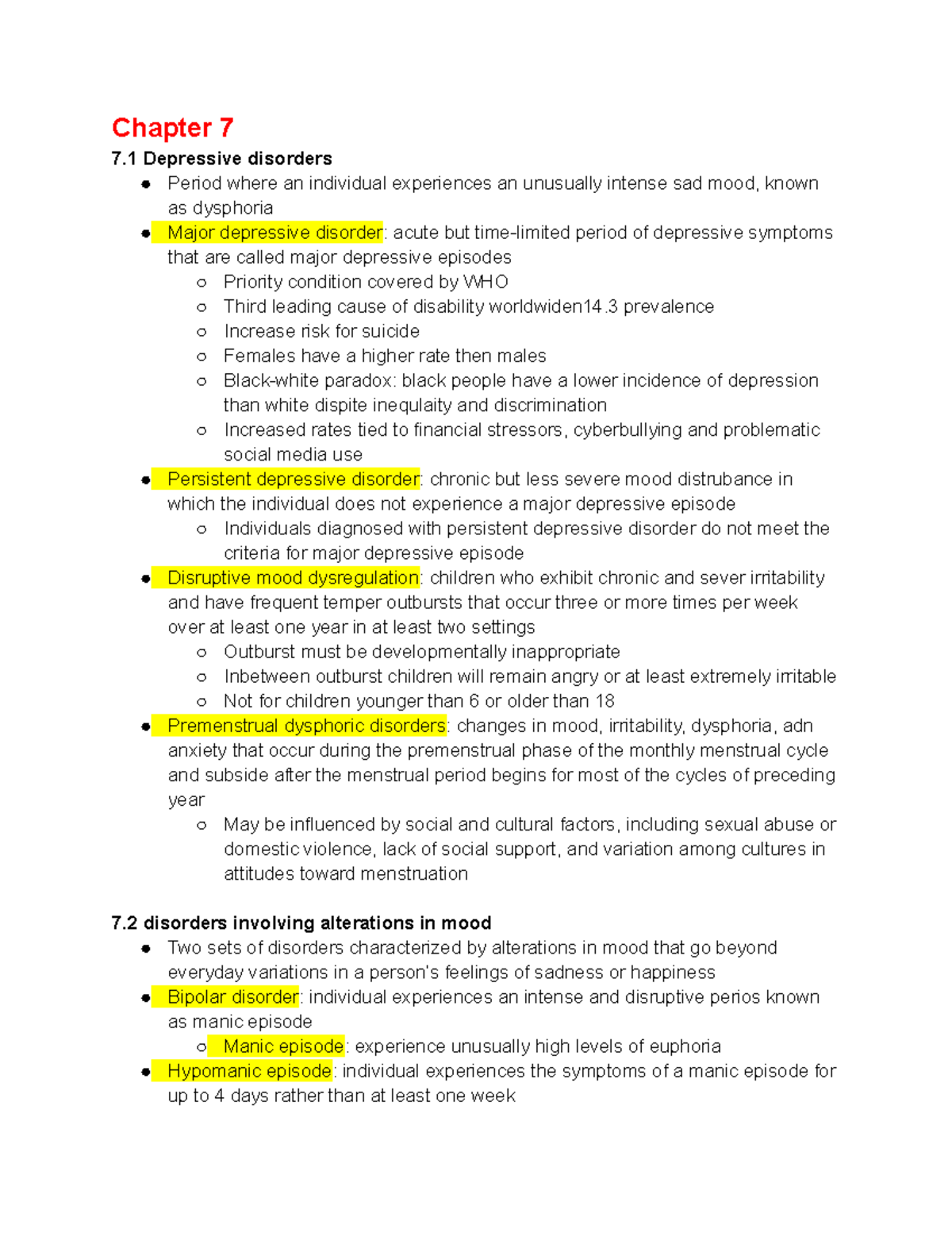 PSY chapter 7 - textbook notes - Chapter 7 7 Depressive disorders ...