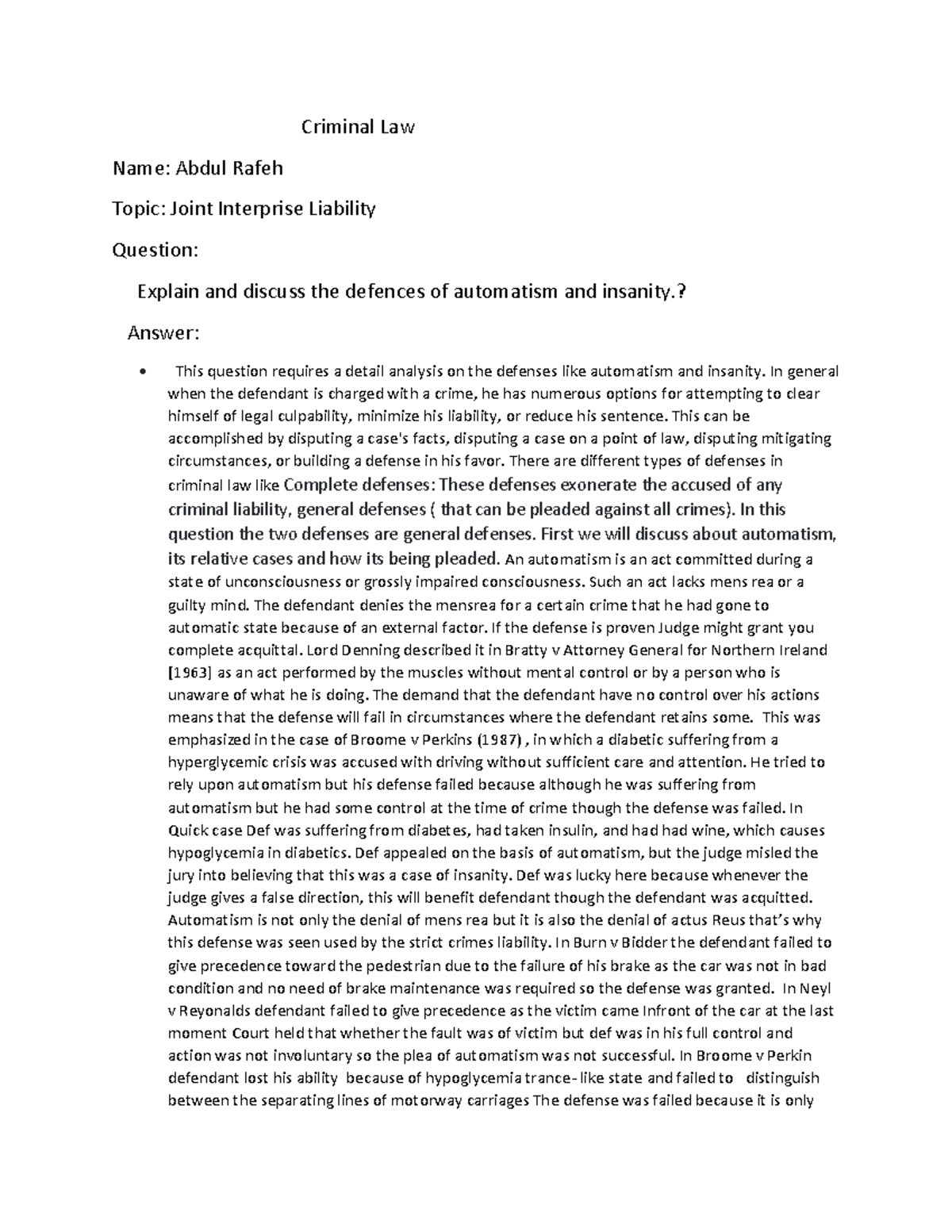 Automatism and insanity notes - Criminal Law Name: Abdul Rafeh Topic ...