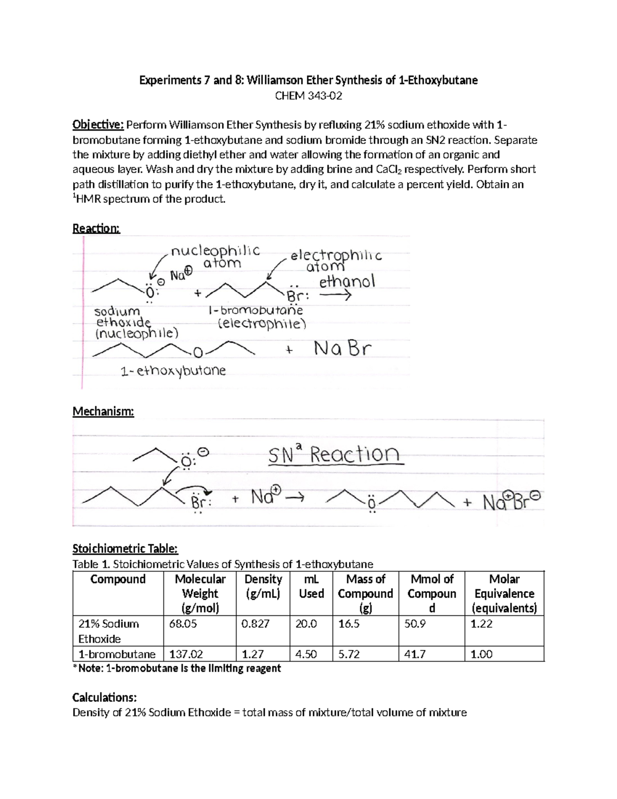 CHEM 343- Lab Report for Labs 7 and 8 (Williamson Ether) - Experiments ...