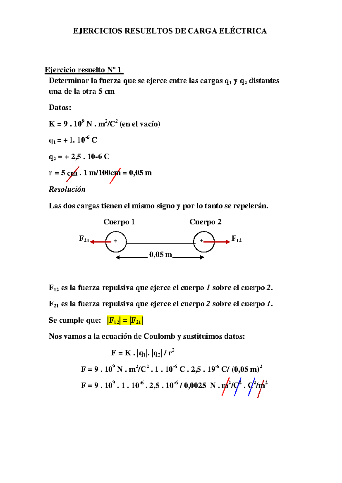 Carga Electrica y campo electrico - cm |F 12 | = |F 21 | EJERCICIOS RESUELTOS DE CARGA ELÉCTRICA ...