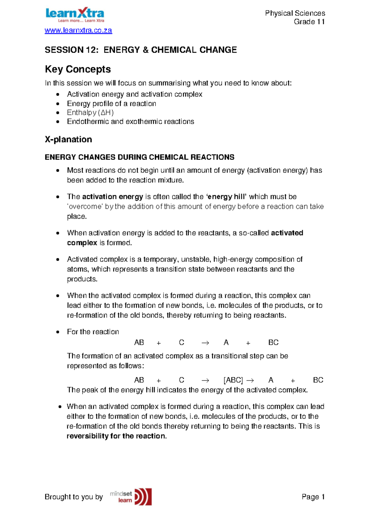 Activities on Energy change - Grade 11 learnxtra.co SESSION 12: ENERGY ...