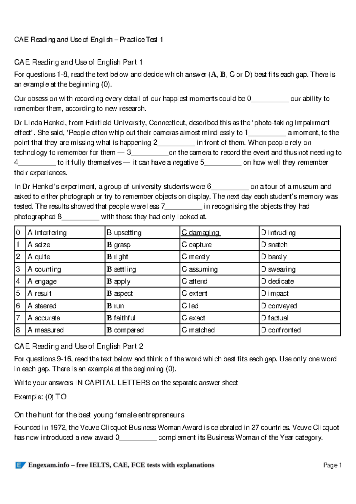IIII CAE Reading and Use of English Practice Test 1 Printable - CAE ...
