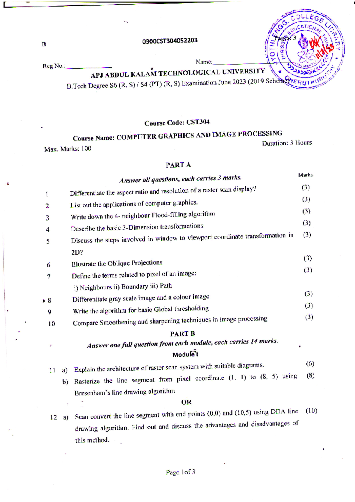 CST304 Computer Graphics AND Image Processing, JUNE 2023 - J LL B Reg No.: I 2 J 4 5 APJ ABDUL B ...