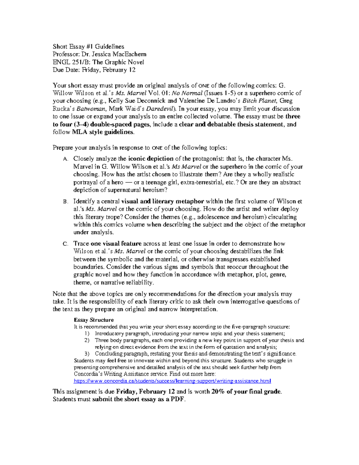 01 ENGL 251 Short Essay 01 Guidelines v1 - Short Essay #1 Guidelines ...