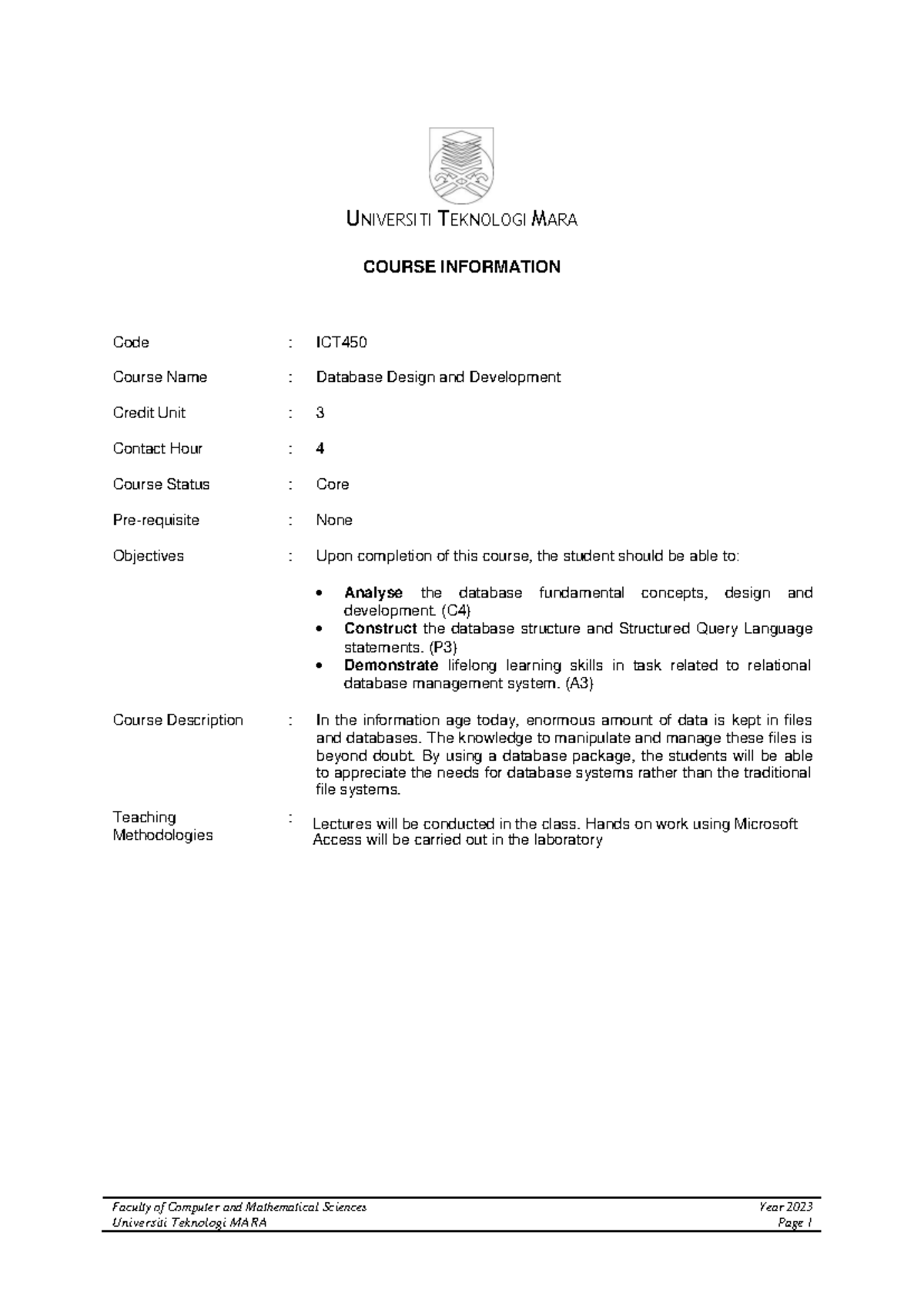 SOW ICT450 Oct2023-Feb2024 - Faculty of Computer and Mathematical ...