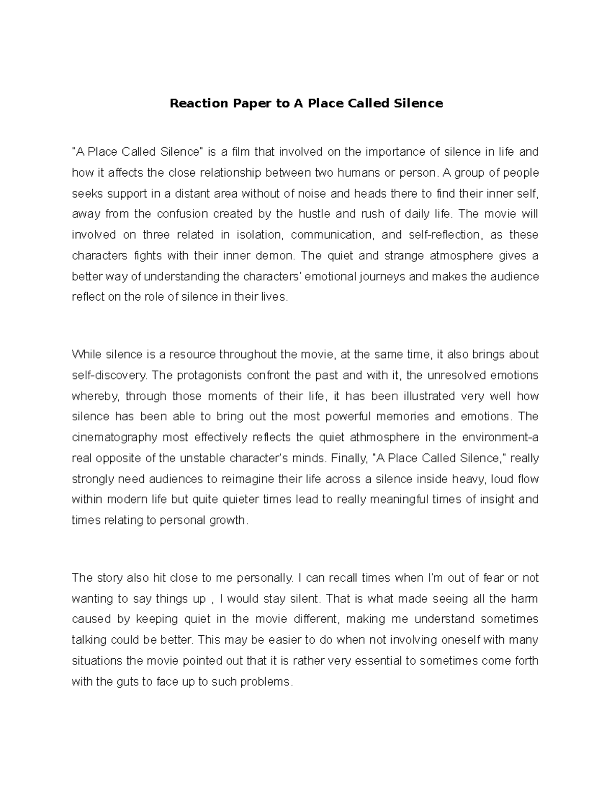 Thea - asdsd - Reaction Paper to A Place Called Silence “A Place Called ...
